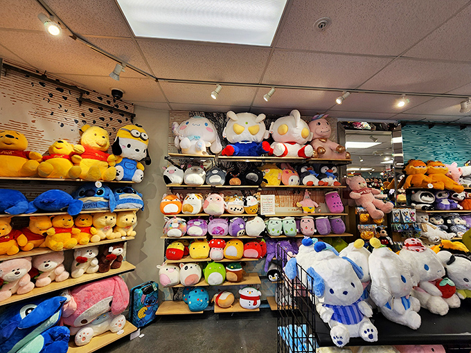 Character plushies stack floor to ceiling, creating a soft, cuddly wonderland that makes grandkid gift-shopping dangerously easy and adorable.