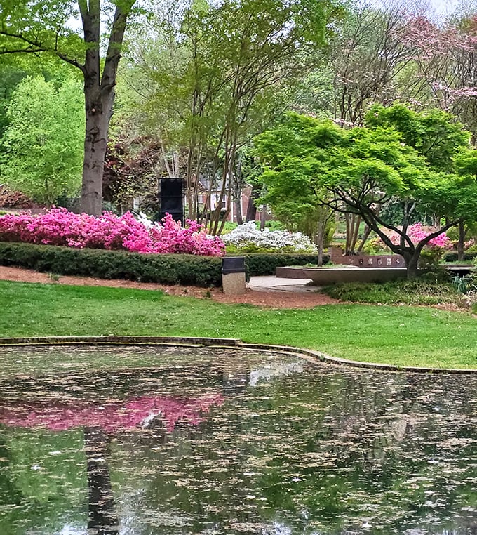 Garden benches strategically placed for maximum "I could sit here forever" potential. Your emails can definitely wait another hour.