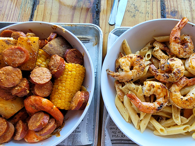 The shrimp boil that launched a thousand road trips. Andouille sausage, corn, and potatoes swimming in Cajun butter sauce &ndash; resistance is futile.