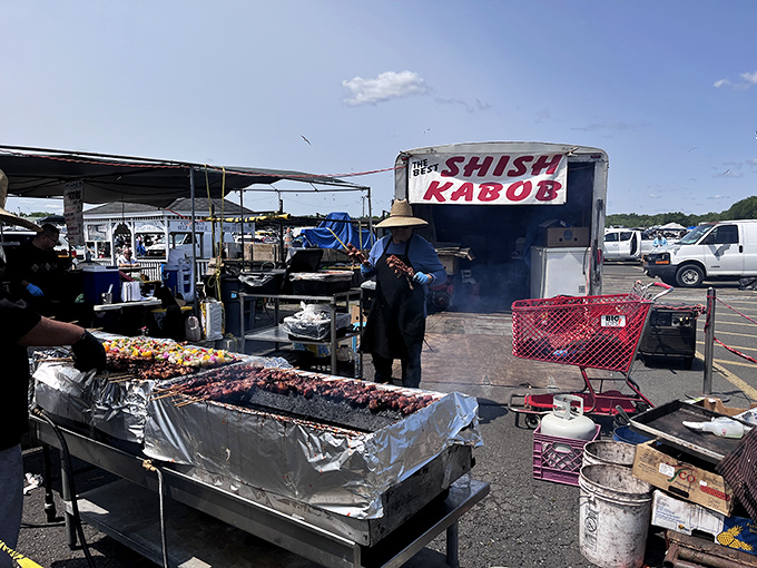Smoke signals of deliciousness rise from the "Best Shish Kabob" stand, where meat-on-a-stick becomes an art form.