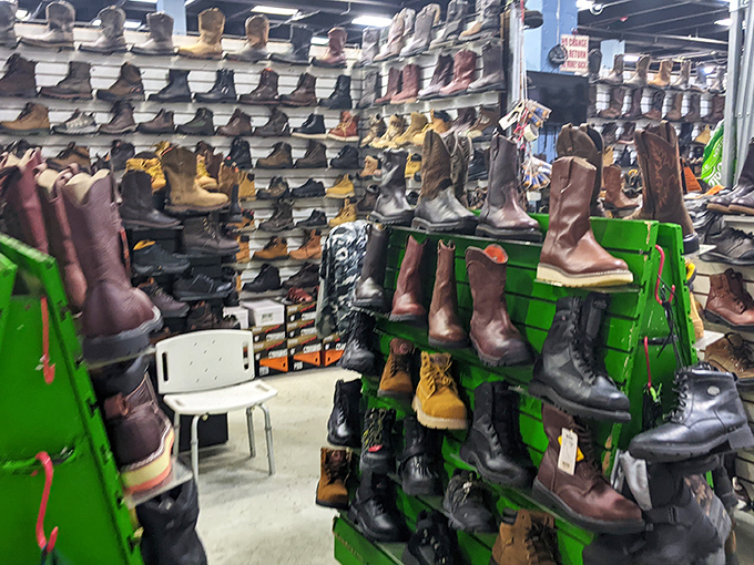 Boot paradise! From rugged work boots to stylish leather numbers, this footwear section could outfit a small army of fashionable feet.