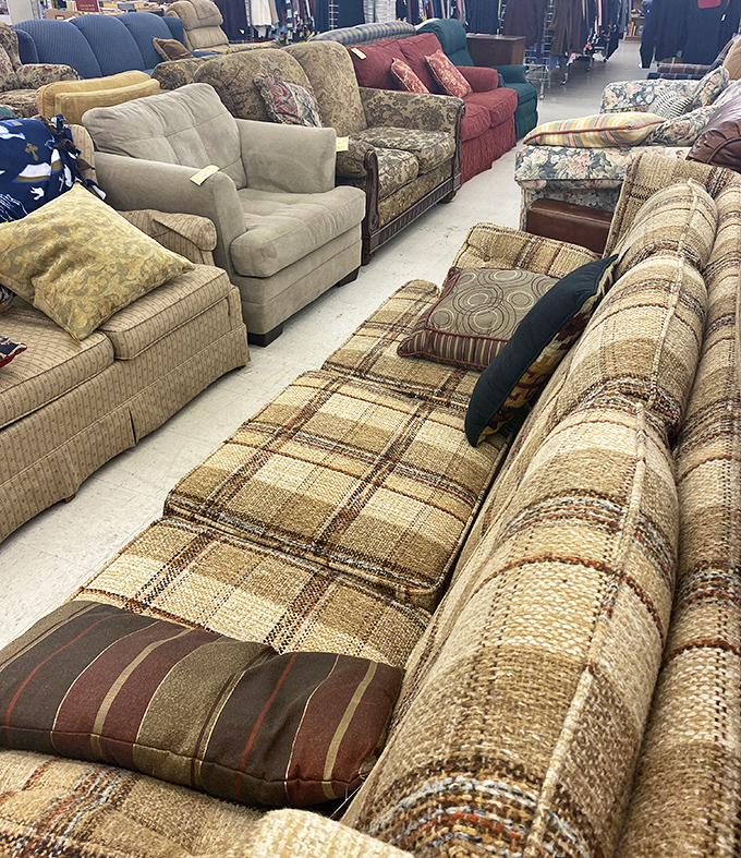 Sofa heaven awaits the patient treasure hunter. That plaid beauty might have witnessed decades of family movie nights before finding you.