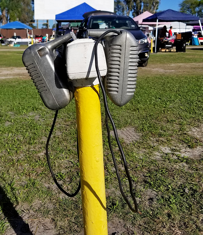 Vintage speakers stand like technological time travelers, reminding us of drive-in days past before FM radio became the soundtrack delivery system of choice.