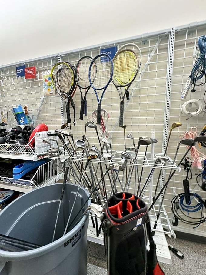 Tennis rackets and golf clubs patiently wait for their second act on island courts and courses.