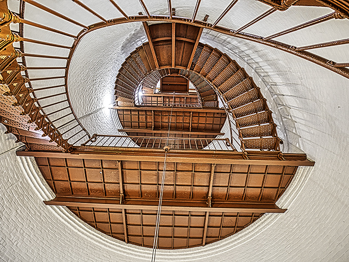 Looking up through these stairs is like peering through time itself &ndash; each step worn by keepers who kept ships from meeting their rocky doom.