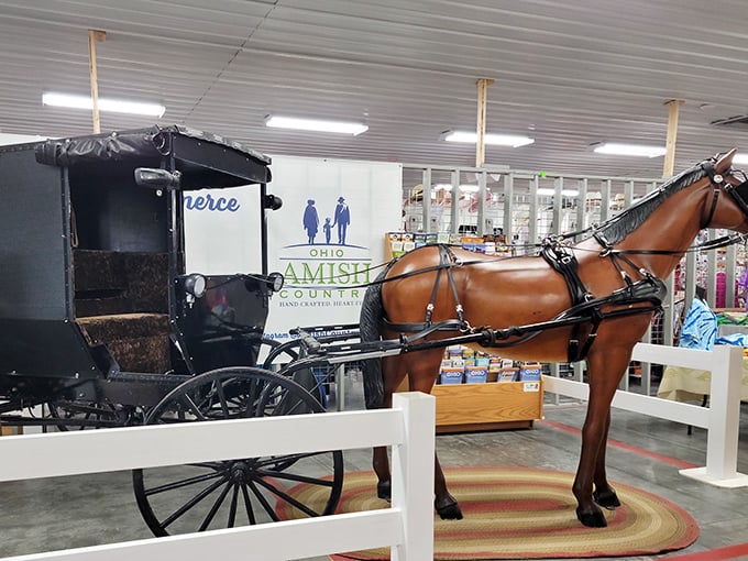 A slice of Amish heritage on display&mdash;this authentic horse and buggy reminds visitors they're shopping in a place where tradition matters.