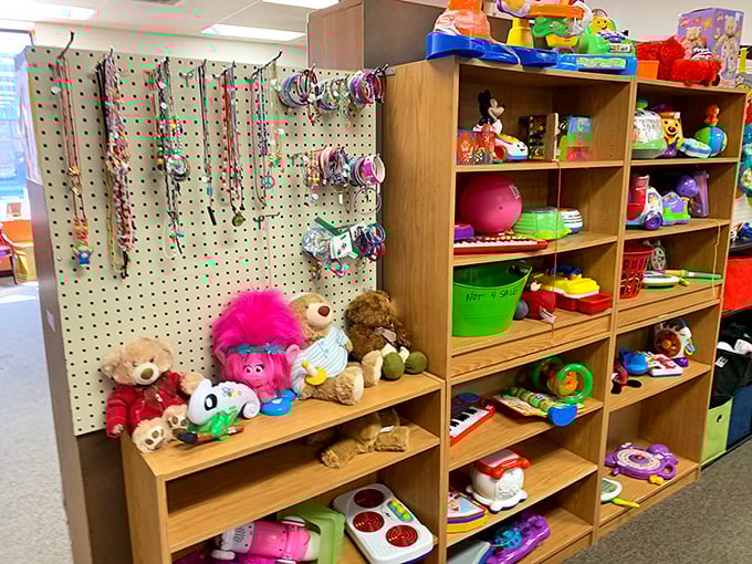 Childhood nostalgia overflows from these shelves, where teddy bears and colorful toys wait patiently for their next adventure with tiny humans.