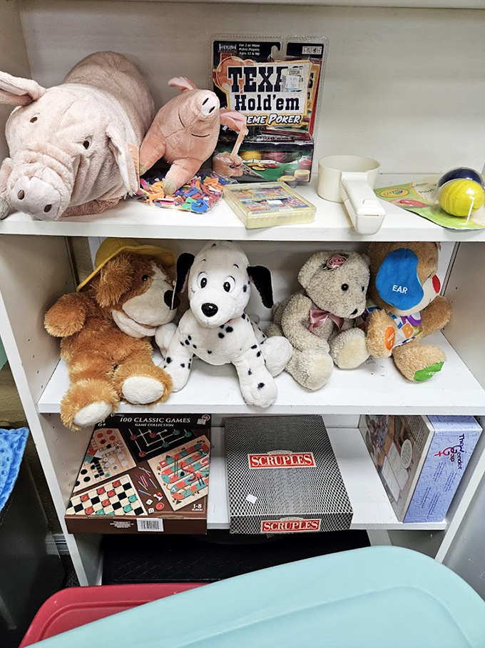 Stuffed animals waiting for second chances and board games ready for family game nights. Scruples for $3? That's a moral bargain.