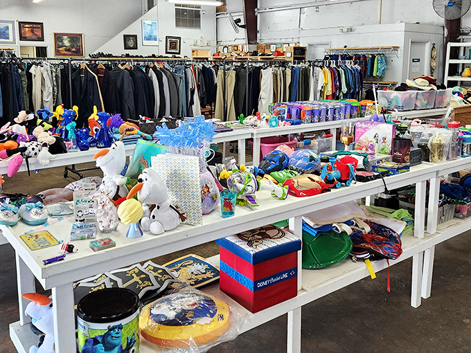 Colorful chaos that would make any kid (or kid-at-heart) giddy. Disney characters and forgotten toys create a nostalgic playground of possibilities.