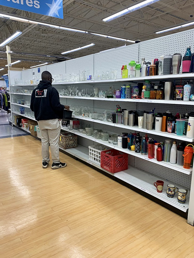 A rainbow of tumblers and glassware stands ready for adoption. That vintage Pyrex might have stories to tell about potlucks past.