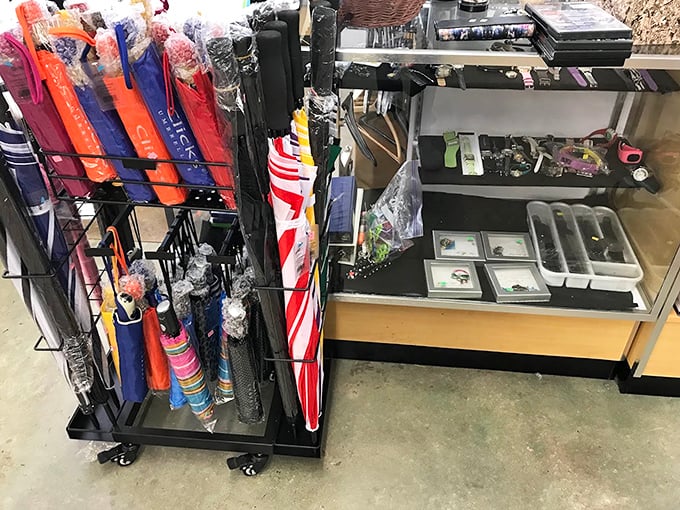 Umbrellas and accessories huddle together like old friends at a reunion, waiting for their chance to make a fashion statement in your life.