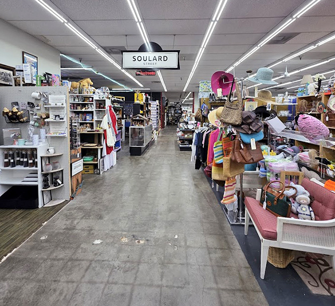 The "Soulard Outlet" section offers a glimpse into organized chaos, where handbags and hats from bygone eras await rediscovery.