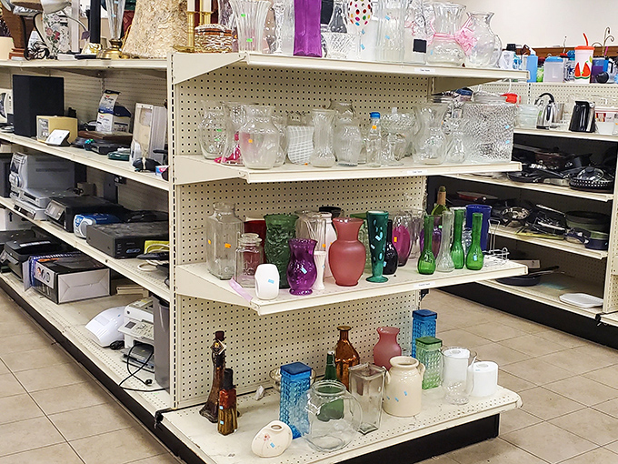 A rainbow of glass vessels stands at attention. One person's decluttered cabinet becomes another's perfectly mismatched collection of vintage vases.