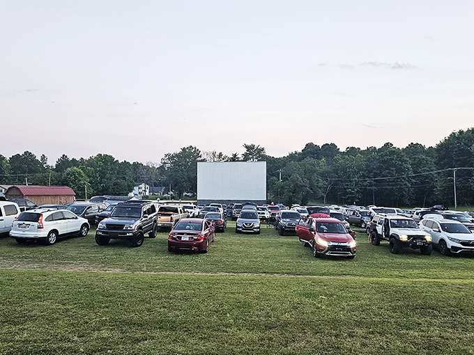 As dusk settles, vehicles claim their spots in neat rows, each one a private living room with the world's biggest TV screen.