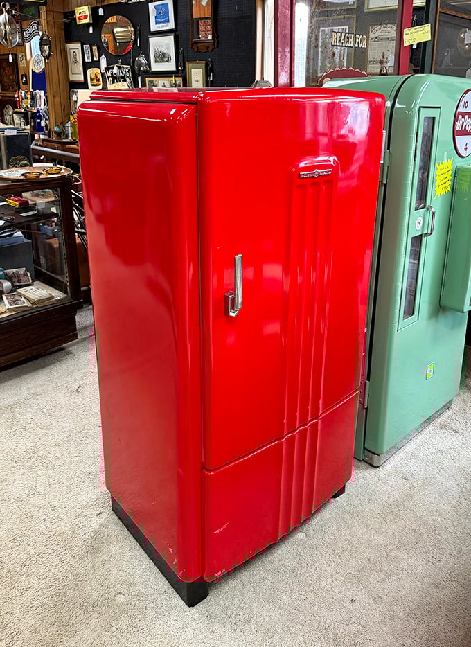 Cherry-red perfection meets mint-green charm – these vintage refrigerators could make even leftover meatloaf look glamorous.
