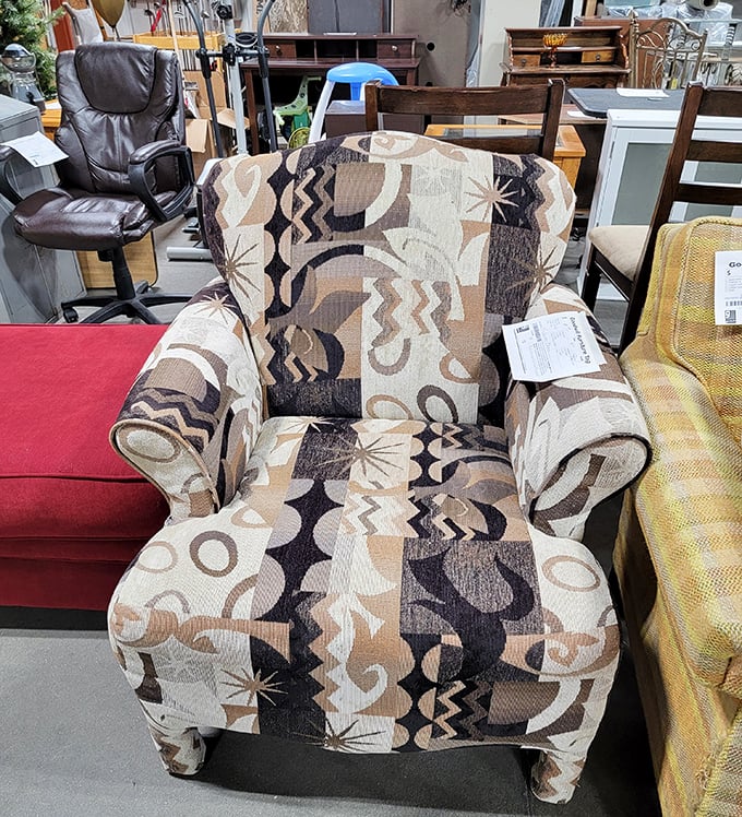 This geometric patterned armchair isn't just seating &ndash; it's a conversation starter with arms. Mid-century modern meets Nebraska practical.
