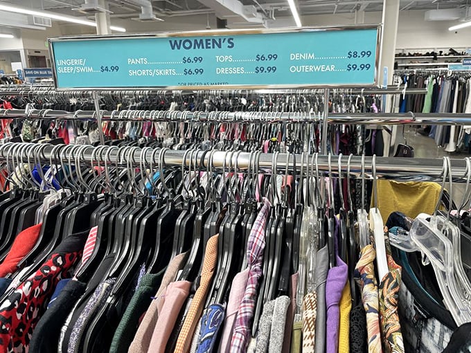 The women's section organizes chaos into color-coded opportunity, with prices that make retail therapy actually therapeutic.
