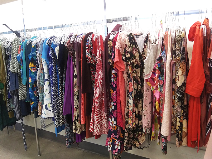 A rainbow of patterns and fabrics tells stories of fashion eras gone by &ndash; each dress a character waiting for its second act.