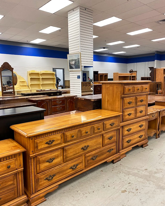 Solid wood dressers with personality stand at attention, waiting for someone to recognize their potential. Marie Kondo would approve of this joy-sparking lineup.