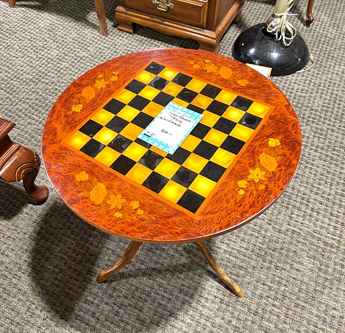 Chess anyone? This stunning inlaid table isn't just furniture&mdash;it's functional art waiting for its Bobby Fischer moment in someone's living room.