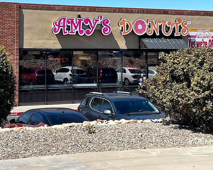 Amy's pink-and-orange beacon calls to donut pilgrims like a sugar-glazed lighthouse. Even the landscaping rocks look like they're waiting in line!