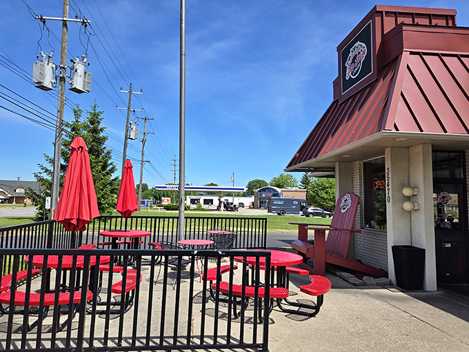 Anchor Bay Pit Stop (patio): Red tables, blue skies, and comfort food&mdash;the unofficial colors of Michigan summer. This patio practically demands you linger over coffee.