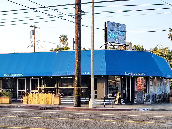 Baby Blues' bright blue awning stands out on Lincoln Boulevard like a beacon for smoke-seekers in Venice Beach.
