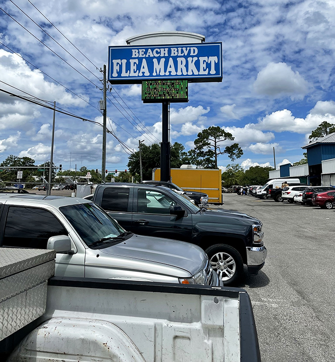 Beach Boulevard's no-nonsense approach to treasure hunting. That packed parking lot tells you everything&mdash;locals know where the real deals hide.