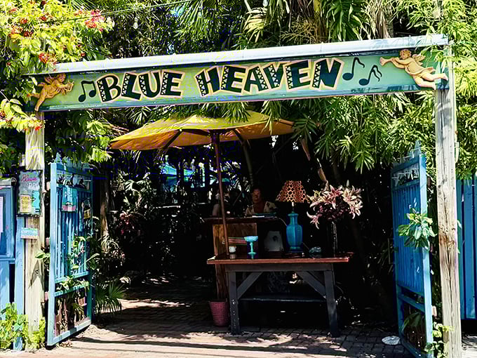 Blue Heaven's entrance is like stepping into a Key West fairy tale&mdash;roosters, tropical plants, and pie that defies gravity.