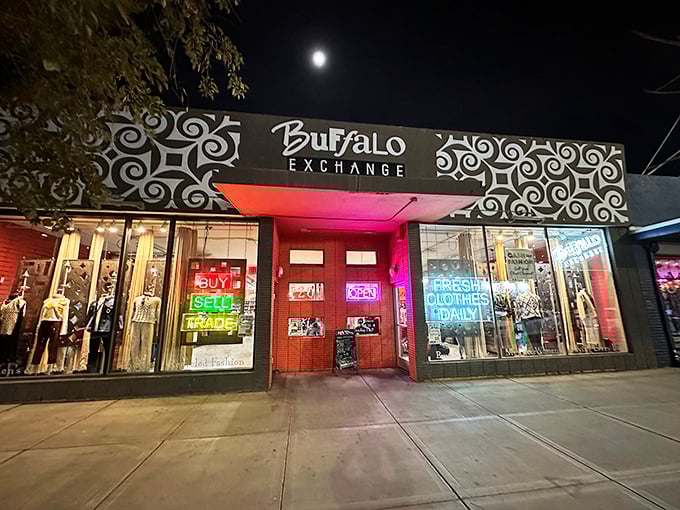 After dark, this trendy spot glows like a fashion beacon for style hunters seeking vintage treasures and modern finds.