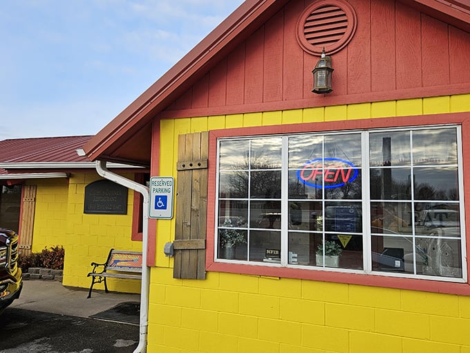 Cathy's Corner Sunshine yellow walls with barn-red trim&mdash;this place dresses like the comfort food it serves.