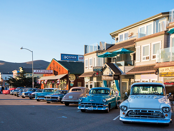 Classic cars line Cayucos' main drag like a time capsule on wheels&mdash;when Detroit still made cars with personality and chrome was king.