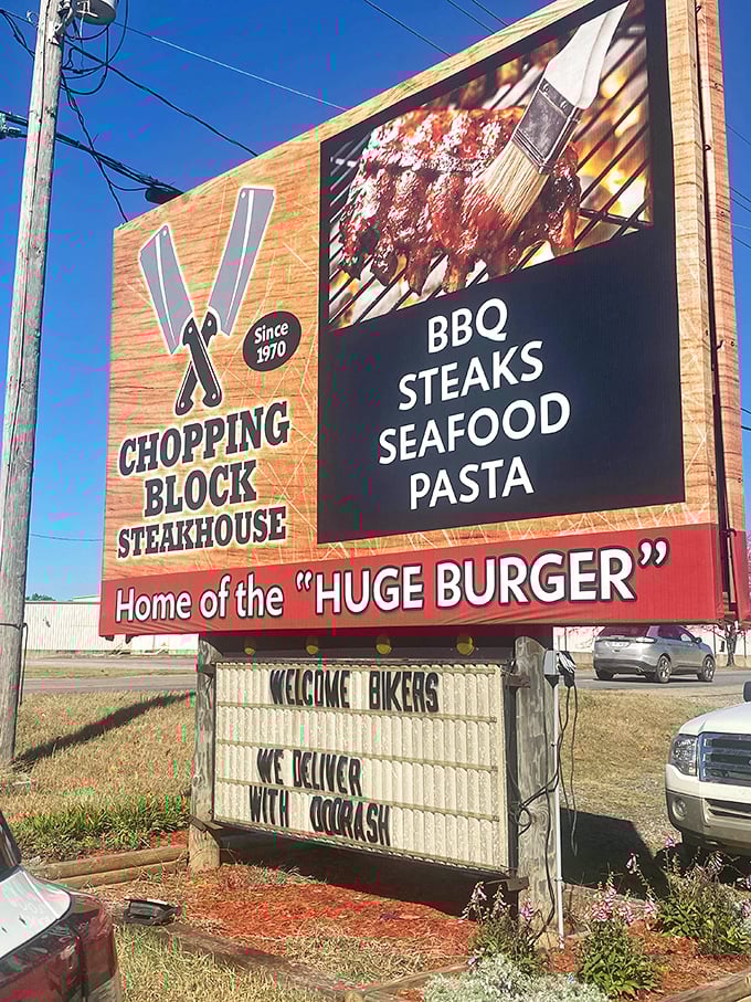 "Home of the HUGE BURGER" but we're here for the steaks. Like going to Paris and skipping the Eiffel Tower for a hidden gem.