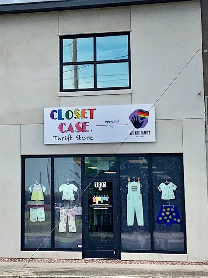 Closet Case's colorful sign promises not just thrifting, but a celebration of community and style.