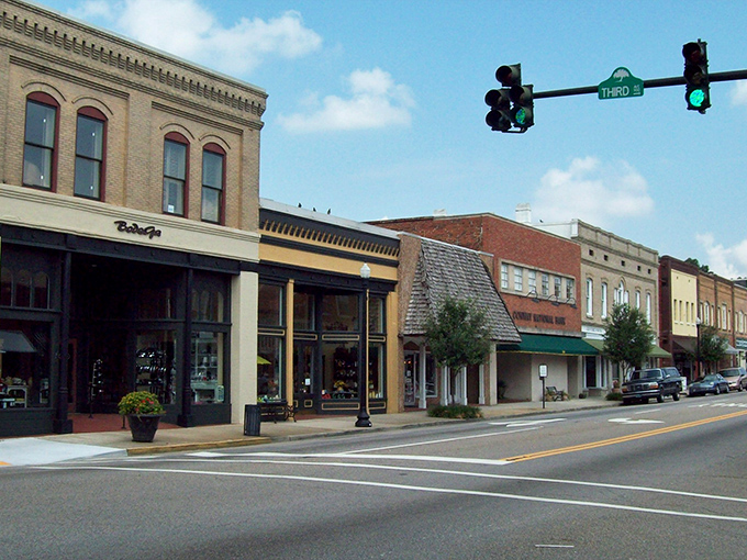 Sunlight highlights the historic storefronts and period brickwork of a charming small-town downtown, all set beneath a blue sky scattered with white clouds.