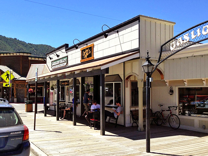 Cowboy Coffee's wooden boardwalk entrance feels like stepping into the 1800s, if the 1800s had incredible espresso and Wi-Fi.