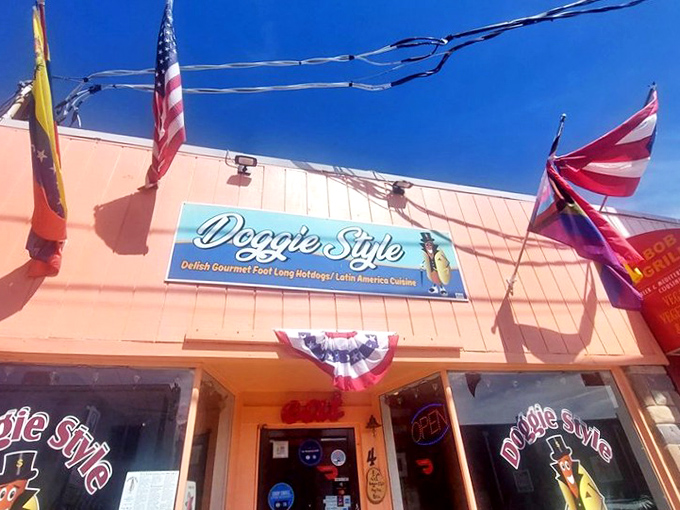 Patriotic bunting and beach town flags create the perfect backdrop for a hot dog adventure by the shore.
