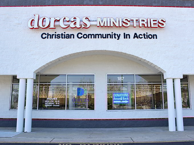 Dorcas Ministries welcomes shoppers with its clean white facade. This isn't your grandmother's cluttered thrift store!