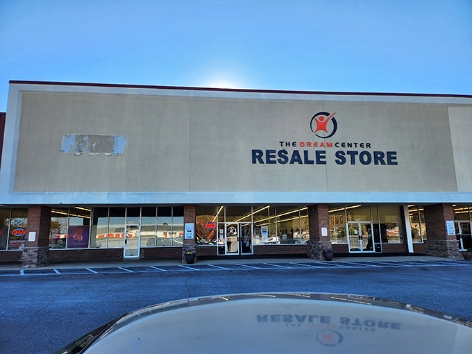 The Dream Center Resale Store glows in twilight—proof that the best deals often come when you least expect them.