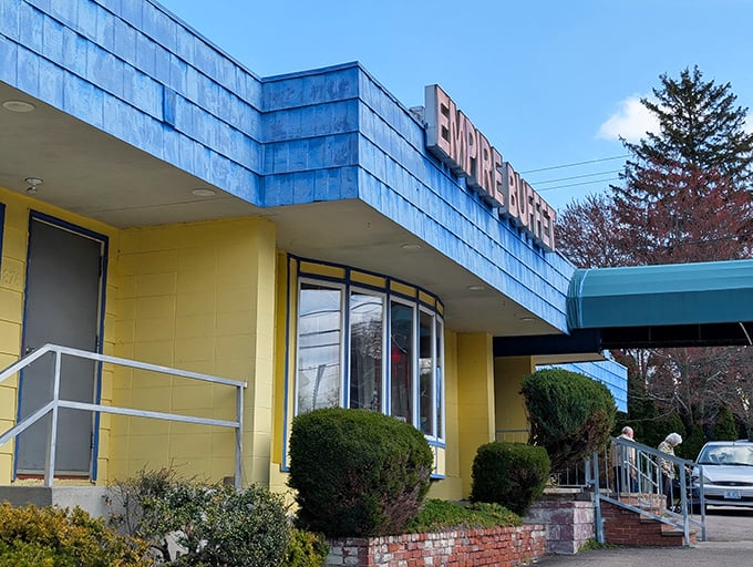 Empire Buffet's distinctive blue and yellow building stands out like a delicious landmark on Diamond Hill Road.