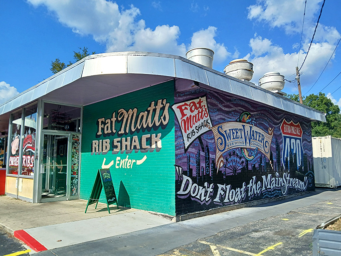 Fat Matt's vibrant exterior is as colorful as its history &ndash; a landmark where neon signs and the smell of ribs beckon from blocks away.