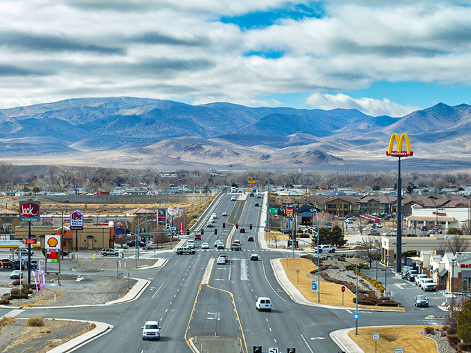 Fernley's main drag offers all the essentials without the traffic. The mountains are just showing off in the background.