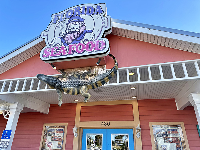Florida's Seafood Bar & Grill announces itself with unmistakable Florida flair. That alligator isn't the only thing that'll grab your attention!