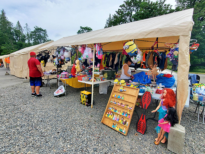 Families gather under festive tents where cultures blend and treasures await patient treasure hunters.