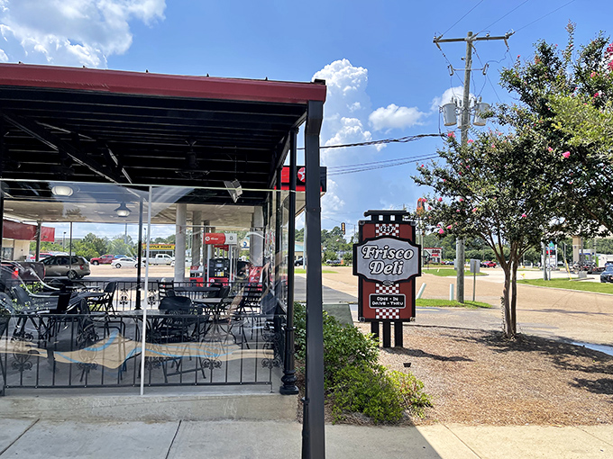 Frisco Deli's covered patio invites you to linger over sandwiches that deserve to be savored, not rushed.