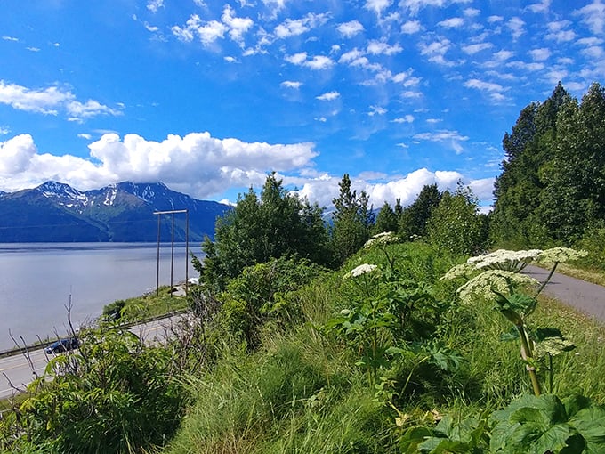 Girdwood's winter wonderland transforms into a summer paradise where snow-capped peaks watch over boats navigating glacier-fed waters.