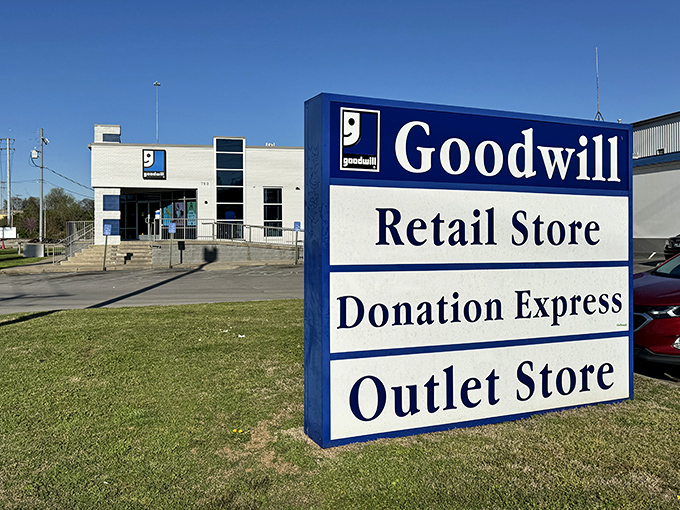Goodwill's signature blue signage welcomes thrifters to paradise. This isn't just shopping&mdash;it's a thrilling archaeological dig for deals!