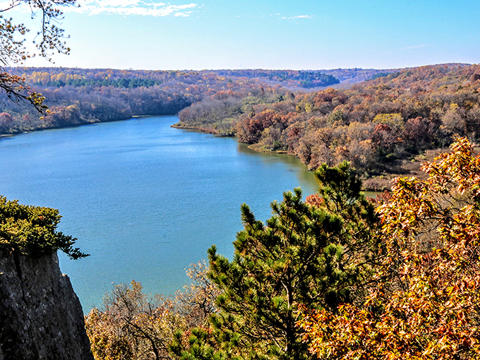 The view from Governor Dodge's bluffs showcases nature's masterpiece where two mighty rivers become one.