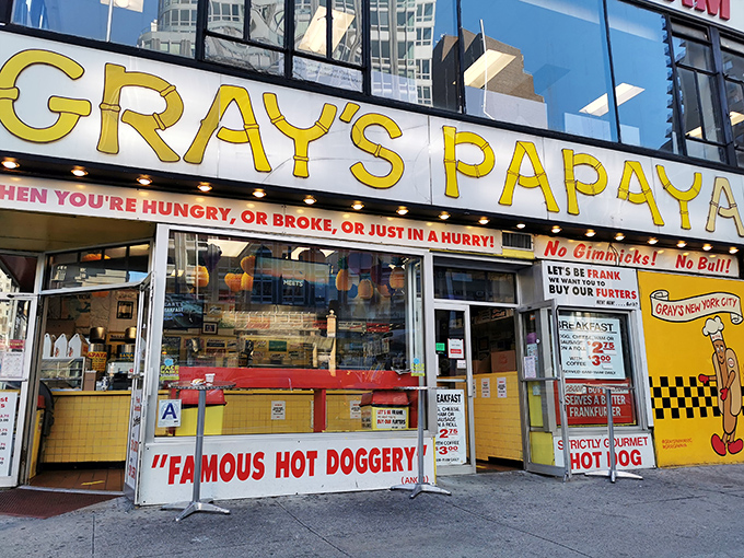 "When you're hungry, broke, or just in a hurry!" Gray's Papaya's yellow glow is Manhattan's version of a lighthouse.