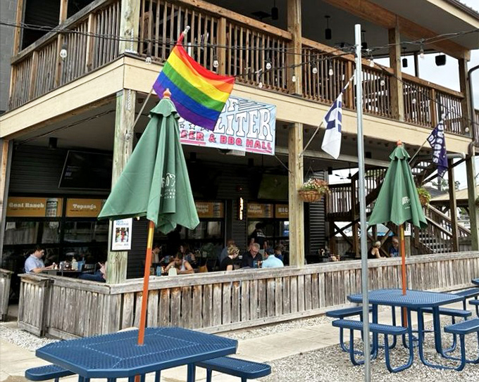 Half Liter's rustic-chic deck is BBQ's natural habitat. That rainbow flag says everyone's welcome to the smoke show!